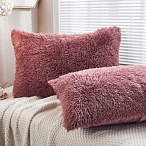 JAUXIO Long Faux Fur Soft Soild Decorative Pillowcase Fluffy Throw Pillow Cover Velvet Shaggy Plush Cushion Case Set of 2 Zipper Closure Queen Size (Dusty Rose, 20"X26")