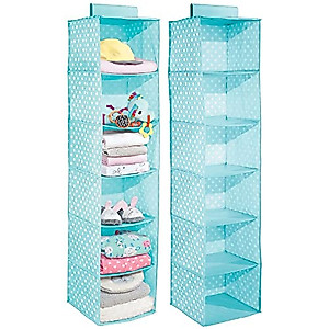 mDesign Soft Fabric Over Closet Rod Hanging Storage Organizer with 6 Shelves for Child/Kids Room or Nursery - Polka Dot Pattern - 2 Pack - Turquoise Blue with White Dots
