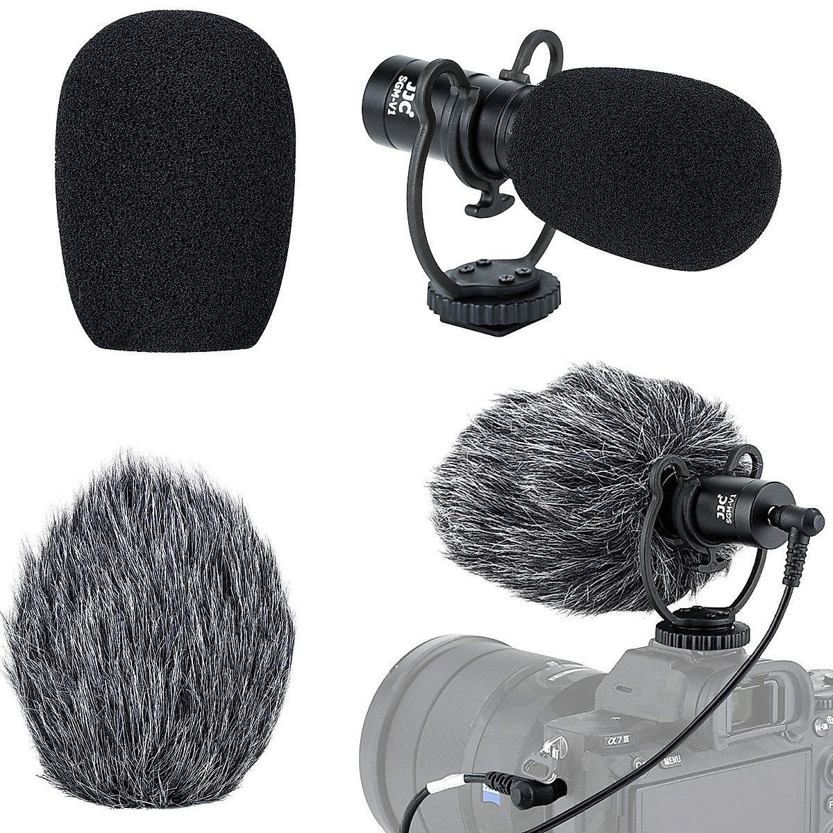 JJC SGM-V1 Shotgun Video Microphone, Cardioid Microphone Condenser Mic Vdeomicro w/Shock Mount, Furry Foam Windscreen, Electret Condenser, 3.5mm TRS TRRS Cable, for Andoid Phone DSLR Camcorder