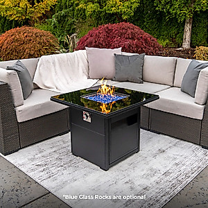 Yaletown 420 Model Square Fire Pit Table for Outside Patio – 30" Small Outdoor Propane Gas Fire Table, Black – with Glass Rocks Set, Pre-Attached 1m Hose and Regulator