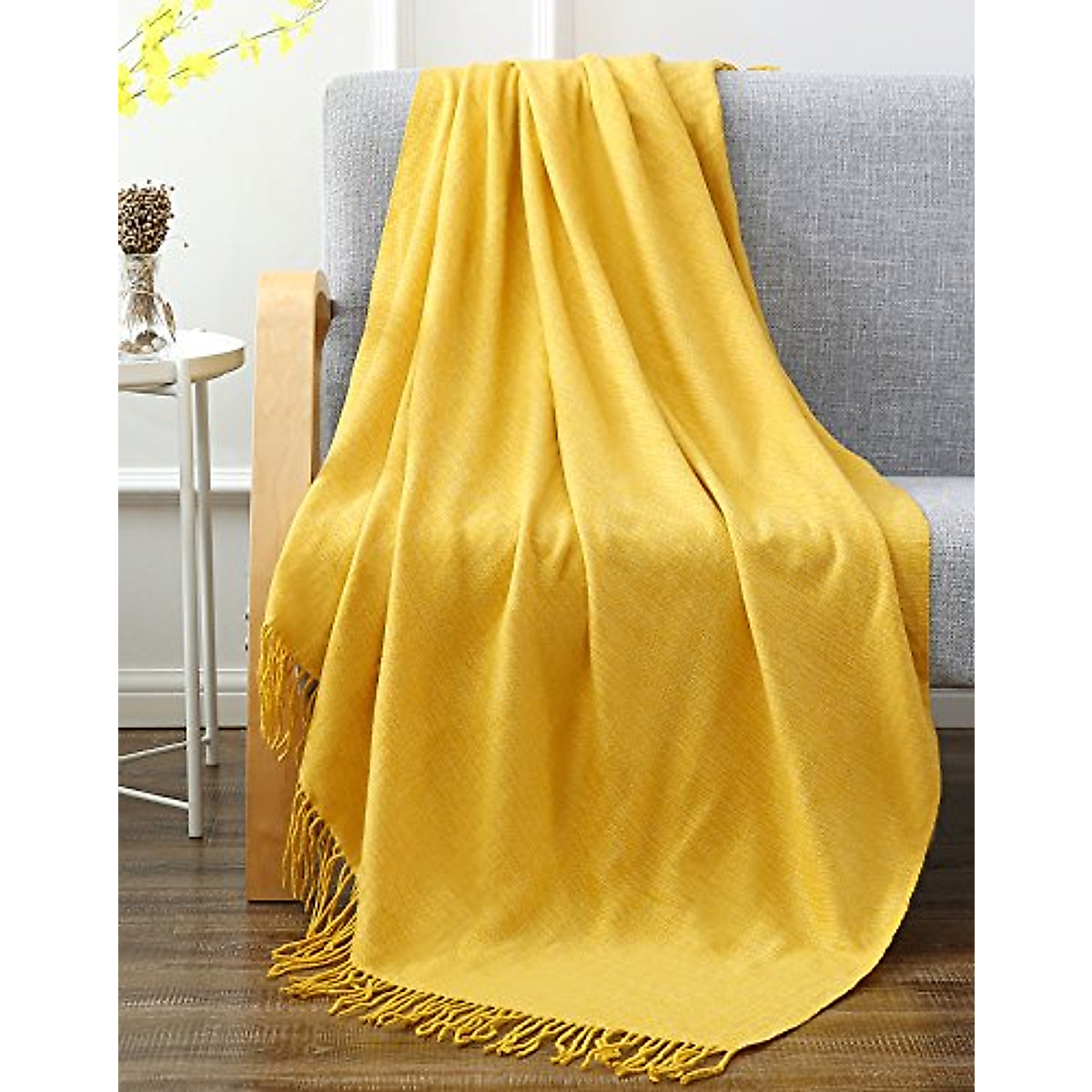 Solid Soft Yellow Throw Blanket with Fringe Tassel - 50" x 60", Light Yellow Throw Blanket, Mustard Yellow Throw for Couch and Bed, Autumn & Fall Patio Throw Blanket, Perfect for Outdoor and Indoor