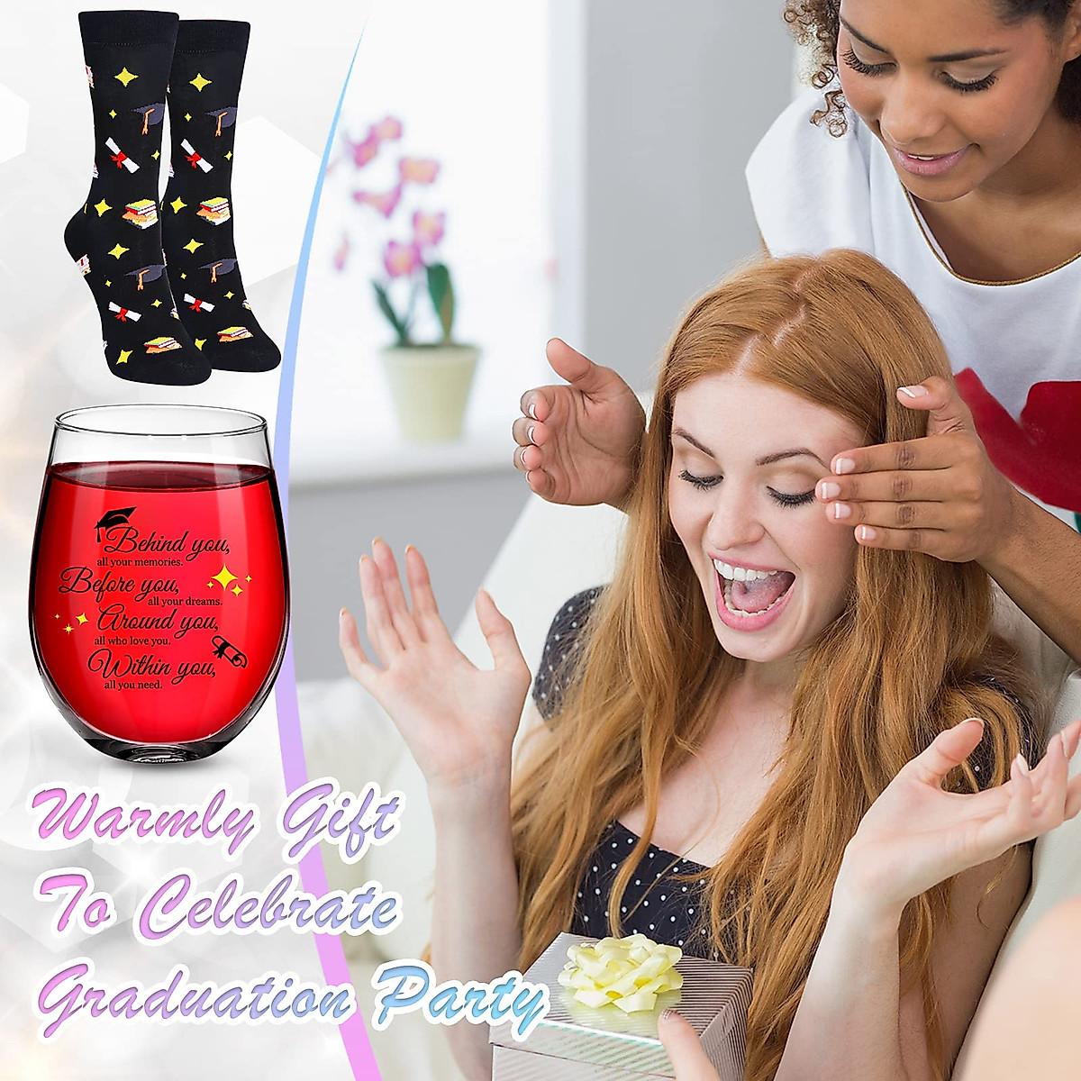 Patelai 2024 Graduation Gift Idea for Graduates, Congrats Grad Gift Set Including Graduation Wine Glass and Graduation Unisex Socks for College Graduates Daughter Friends