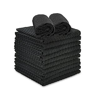 TALVANIA Kitchen Dish Towels, 100% Cotton Dish Cloths Dobby Weave, 12 Pack Soft and Absorbent Multipurpose Terry Towel Set, Hand Towel, Cleaning Cloth 15” X 25” Machine Washable Black