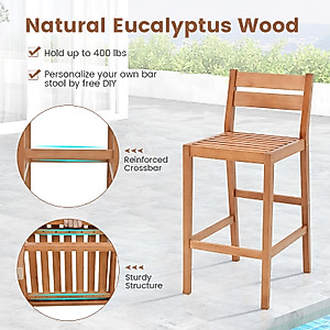 Tangkula Patio Eucalyptus Wood Bar Stools Set of 2, Outdoor Bar Height Patio Chairs with Cushions, Outdoor Barstools for Backyard, Garden, Balcony, 400 lbs Capacity (1, Off White)