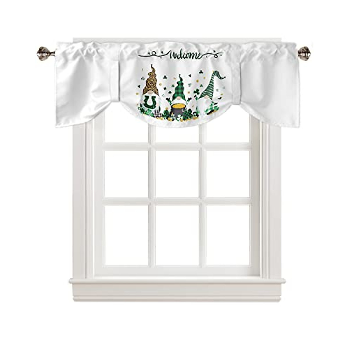 Semi-Sheer Kitchen Valances for Windows, Adjustable Tie Up Valances Curtains Light Filtering, St Patrick's Day White Background Shamrock Gnomes and Gold Coin Elegant Window Toppers Valances 42x18in