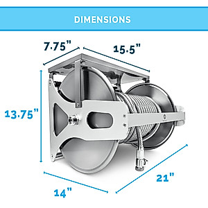 Morvat Stainless Steel Metal Water Hose Reel for 150FT Hose, Retractable Garden Hose Holder with Storage Shelf & Crank, Wall/Floor Mount, Includes 5Ft Leader Hose with ON/OFF Valve & Accessories