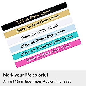 12mm 0.47Inch TZ Ptouch Label Maker Tape Compatible for Brother P Touch PTD210 PTD200 PTH110 PTD400 PTD600 Label Maker, (White/Gold/Pastel Blue/Turquoise Blue/Black/Berry Pink), 6 Pack