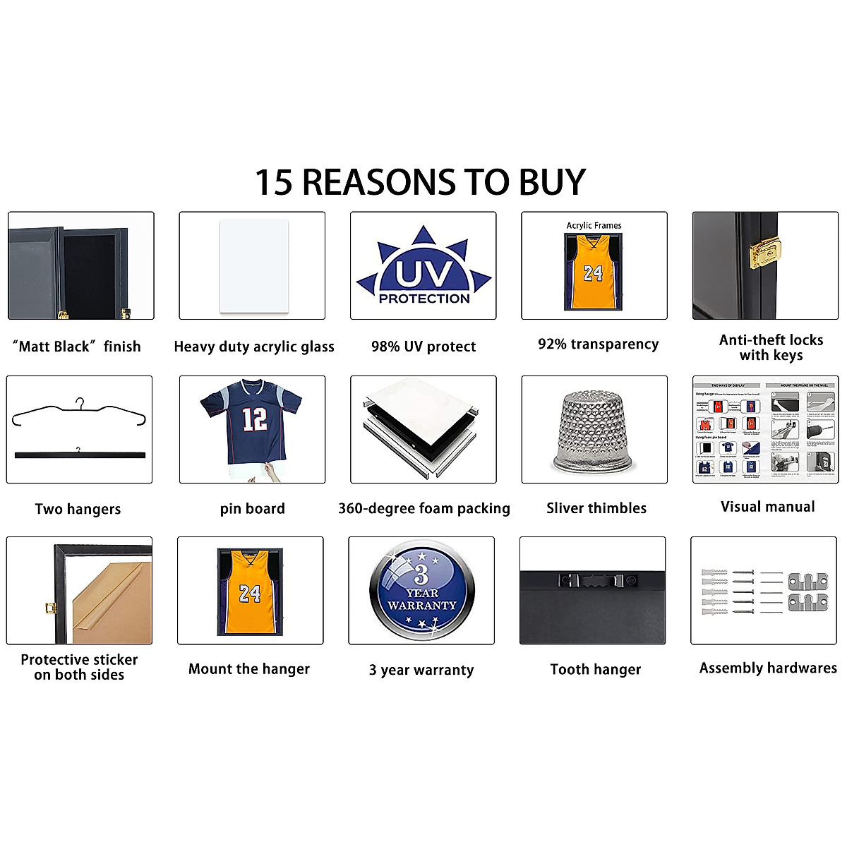 KCRasan Jersey Display Frame Case - Large Lockable Frames Shadow Box with UV Protection for Baseball Basketball Football Soccer Hockey Sport Shirt Matte Black Finish