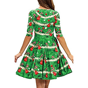 GLUDEAR Christmas Dress, Womens Xmas Tree Printed Gifts A-Line Party Cocktail Dress,Ugly Christmas Tree,L/XL
