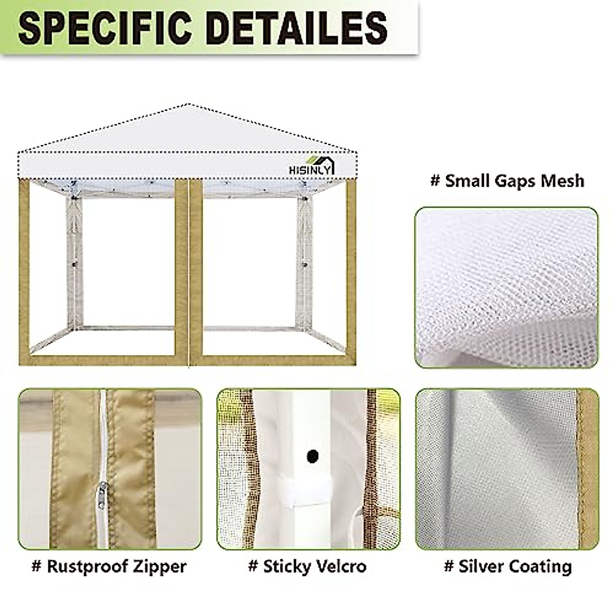 Hisinly Canopy Mesh Sidewalls for 10x10 Pop Up Canopy, 300D Oxford Fabric with Silver Caoting, Sidewall Netting, 4 Pieces Mesh Sidewalls with Door, Kahki (Canopy Tent NOT Included) (SW-04-4)