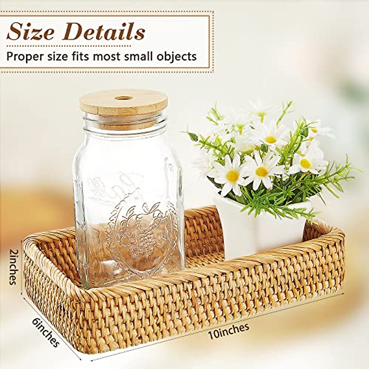 2 Pieces Rattan Toilet Tank Baskets, Handwoven Bathroom Sink Vanity Tray Decor for Counter, Rectangular Wicker Storage Basket Small Serving Trays for Toilet Paper, Towel, Napkin, Bread Organizing