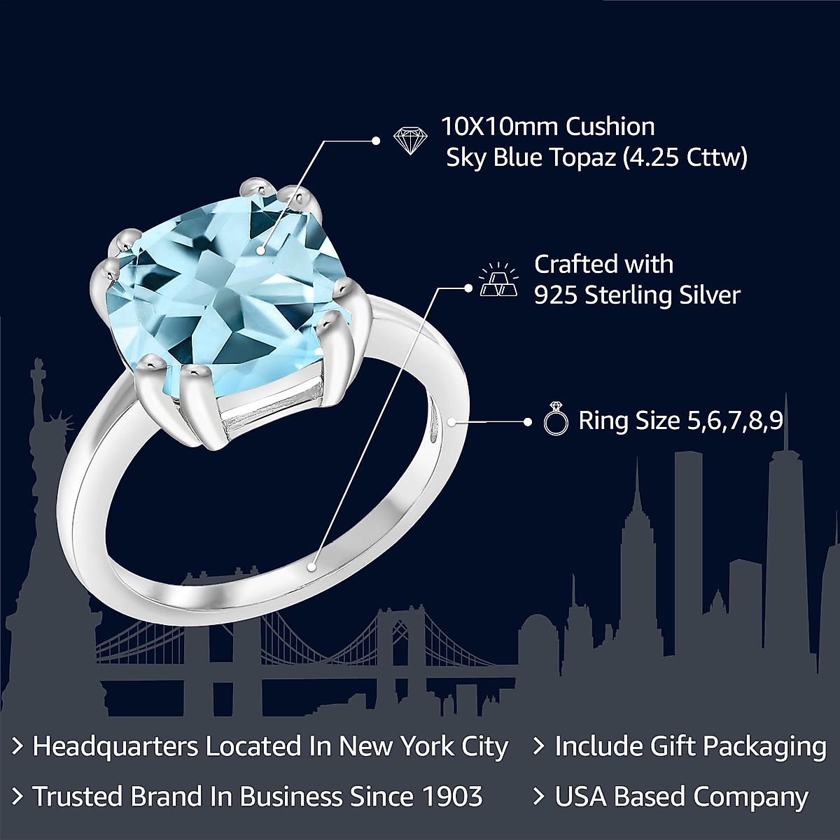Gem Stone King 925 Sterling Silver Sky Blue Topaz Engagement Ring | Double Prong Ring for Women | 4.25 Cttw | Cushion Cut 10MM | Gemstone Birthstone | Available in size 5, 6, 7, 8, 9