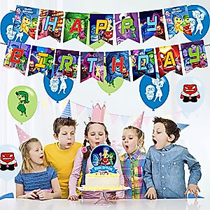 32 Pcs Inside Out Birthday Party Decorations,Party Supply Set for Kids with 1 Happy Birthday Banner Garland , 13 Cupcake Toppers, 18 Balloons for Inside Out Party Decorations