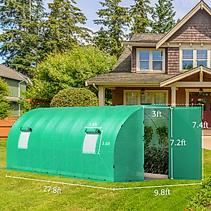 Papababe 28x10x7.5 FT Extra high Large Walk-in Greenhouse for Outdoors, Upgraded Swing Door, Heavy Duty Galvanized Steel Frame Tunnel Greenhouse kit, Reinforced PE Cover & Film Clips, Green