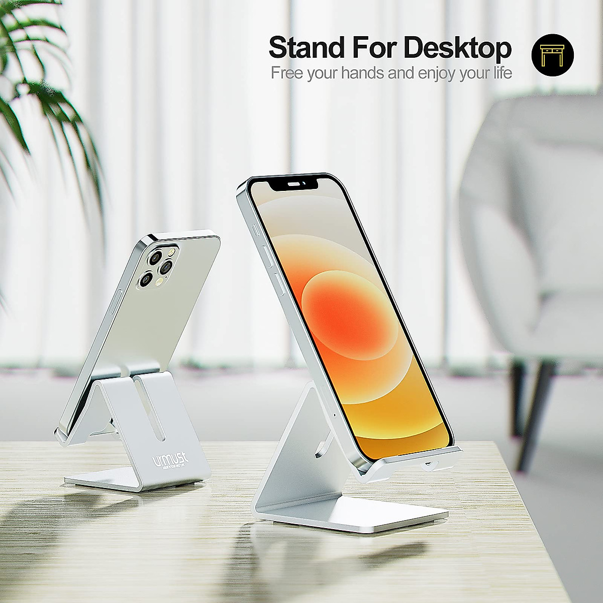 Urmust Desk Cell Phone Stand Holder Aluminum Phone Dock Cradle Compatible with Switch, for iPhone 14 13 12 11 Pro Xs Xs Max Xr X 8 7 6 6s Plus 5 5s 5c, Office Decor Accessories Desk (Silver)