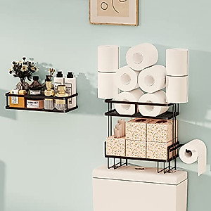 Fokyfok Over Toilet Bathroom Organizer,Over The Toilet Storage Shelf, Toilet Shelf with Toilet Paper Holder,Bathroom Shelf Over Toilet,3 Tier Toilet Storage Rack Black Metal (Black)