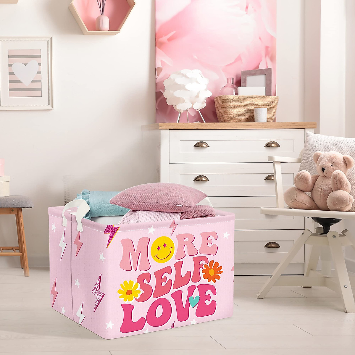 Clastyle Pink Mothers Day Gift Basket Flower Star Love Preppy Shelf Basket Rectangle Clothes Books Toys Chest