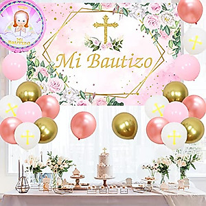 Mi Bautizo Party Decoration Pink White Balloon Garland Kit for Girls with Mi Bautizo Backdrop First Communion Confirmation Christening Decoration Baptism Party Decoration for Bautizo Baby Shower Party
