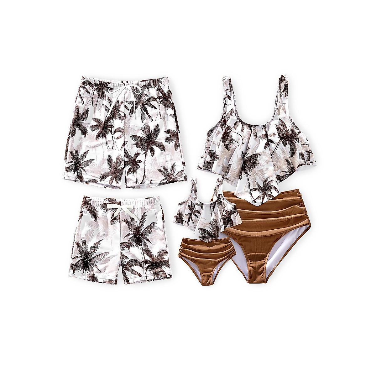 PATPAT Matching Family Swimsuits Tropical Two Piece Mommy and Me Bathing Suits Hawaiian Palm Leaf Brown Coconut Print Beach Vacation Matching Swimsuits for Couples Bikini Beachwear Sets for Women L