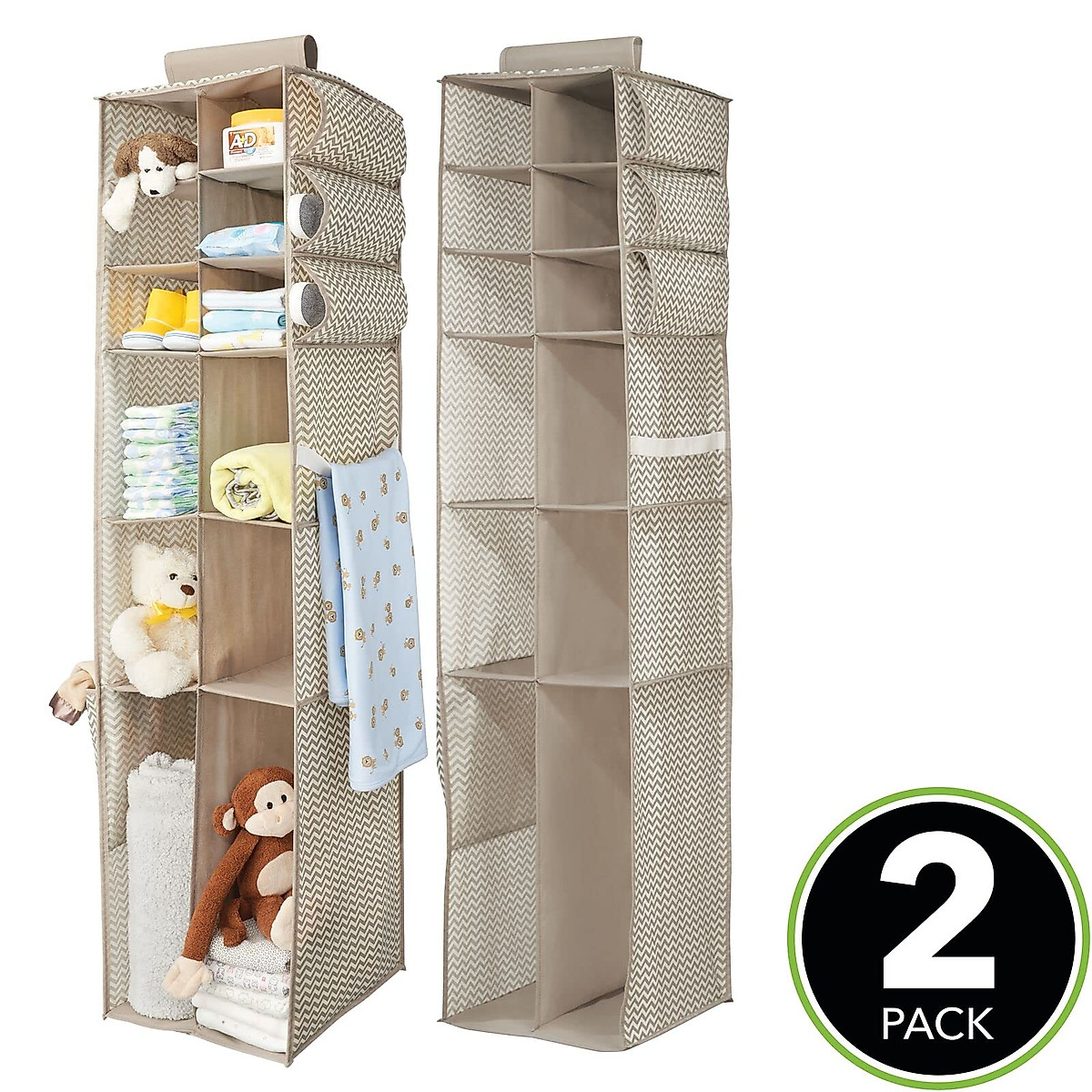 mDesign Long Soft Fabric Over Closet Rod Hanging Storage Organizer with 12 Divided Shelves, Side Pockets for Child/Kids Room or Nursery, Store Diapers, Wipes, Lotions, Toys - 2 Pack - Taupe/Natural