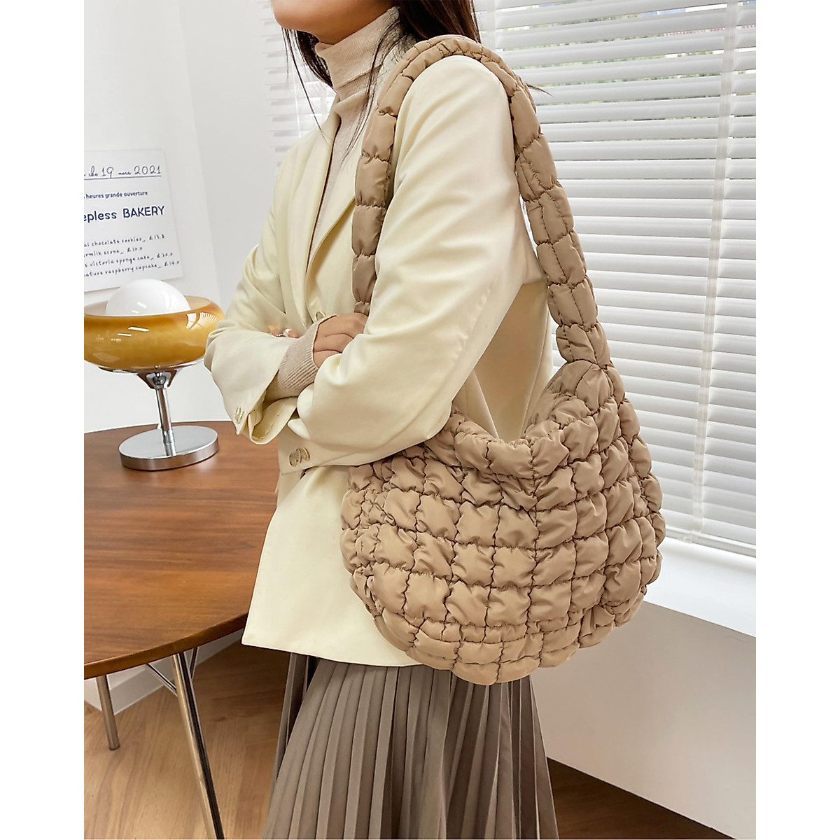 Rejolly Puffer Quilted Shoulder Bag for Women Puffy Bubble Tote Bag Lightweight Nylon Handbag Padded Soft Purse Khaki