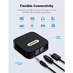 Bluetooth 5.0 Transmitter Receiver for TV 2-in-1 Wireless Bluetooth Adapter with Optical AUX RCA Connection, aptX Low Latency, Pair 2 Devices Simultaneously for PC/Car/Home Stereo/Speakers/Gym (black)