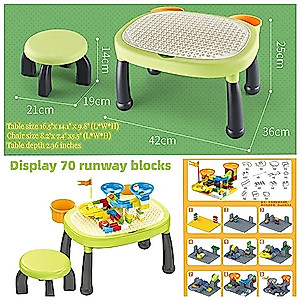 la-belle-vie 6-in-1 Activity Table for Kids, Sand/Water Table for Toddlers 1-3, Kids Table and Chair Set with Storage, 70 pcs Marble Run Building Blocks Classic Big Blocks (Green)