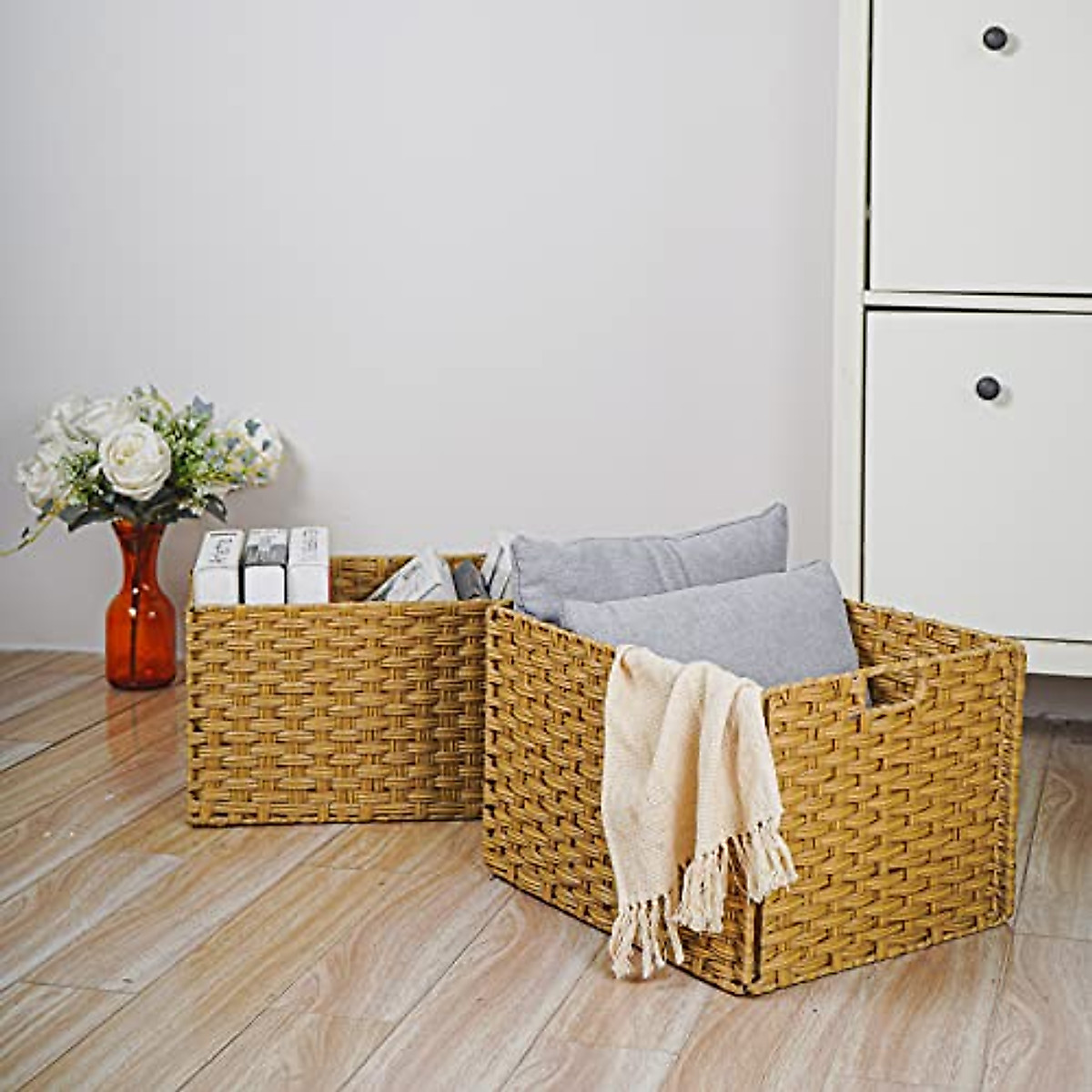 Wicker Baskets with Carrying Handles Foldable Handwoven Cube Storage Basket Bin Rectangular Open Storage Bins,Set of 2