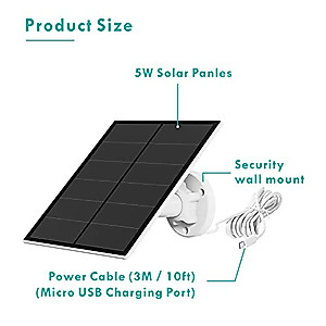 5W Solar Panel for Rechargeable Battery Security Camera, Outdoor IP65 Waterproof Solar Power Supply for Wireless Surveillance Camera, Micro USB Solar Panel, 360° Adjustable Wall Mounting Bracket