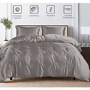 Linenwalas Tencel Lyocell Duvet Cover Set with Deep Pocket Fitted Sheet, Viscose Made from Eucalyptus Soft, Lightweight and Breathable Complete Bedding Set (Light Grey, Queen)