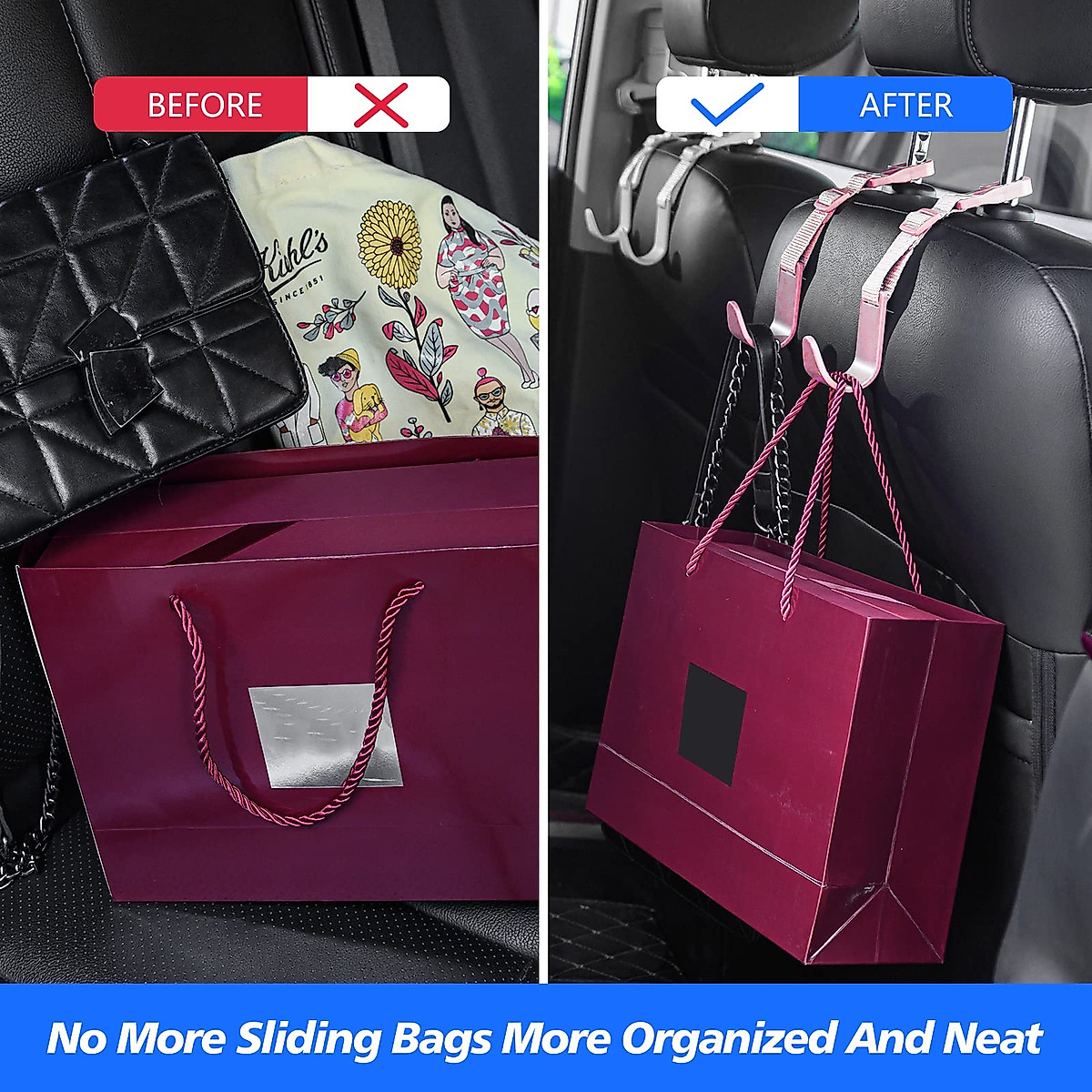 Flymic Adjustable Car Seat Headrest Hook, Universal Car Storage Headrest Hanger Holder Hooks Organizer, Vehicle Strong and Durable Backseat Hanger for Handbag Purse Coat 4 Pack Pink