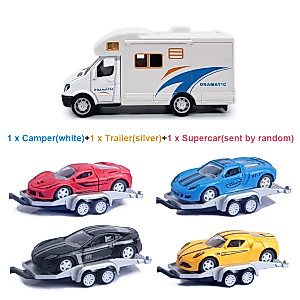 Toy Camper RV Trailer Towing Supercar Sports Model Car Diecast Motorhome Toys for Boys Pull Back Toy Cars, Beach Sandbox Outdoor Adventure Play Set, 3 4 5 6 Years Old Kids Toddlers Gifts, White