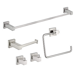 KIBI Cube Bathroom Hardware Set 5 Piece Bathroom Accessories Set | Towel Bar (24"), Towel Ring, Toilet Paper Holder, Robe Hooks (Brushed Nickel) (C-KBA15-5-1)
