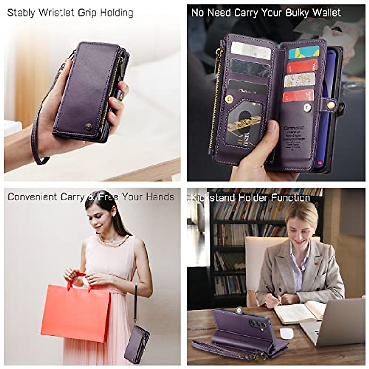 Defencase for Samsung Galaxy A54 5G Case, RFID Blocking Samsung A54 5G Case Wallet for Women Men, PU Leather Magnetic Flip Strap Zipper Card Holder Wallet Phone Case for Galaxy A54 5G, Fashion Purple