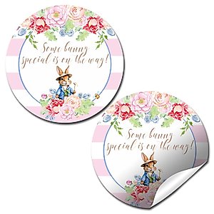 Little Rabbit Baby Shower Stickers for Girls, 40 2" Party Circle Gift Tag Labels by AmandaCreation, Great for Party Favors, Envelope Seals & Goodie Bags