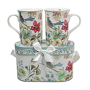 Lightahead Elegant Bone China Two Coffee Mugs set in Blue bird design 11.2 oz each cup in attractive gift box