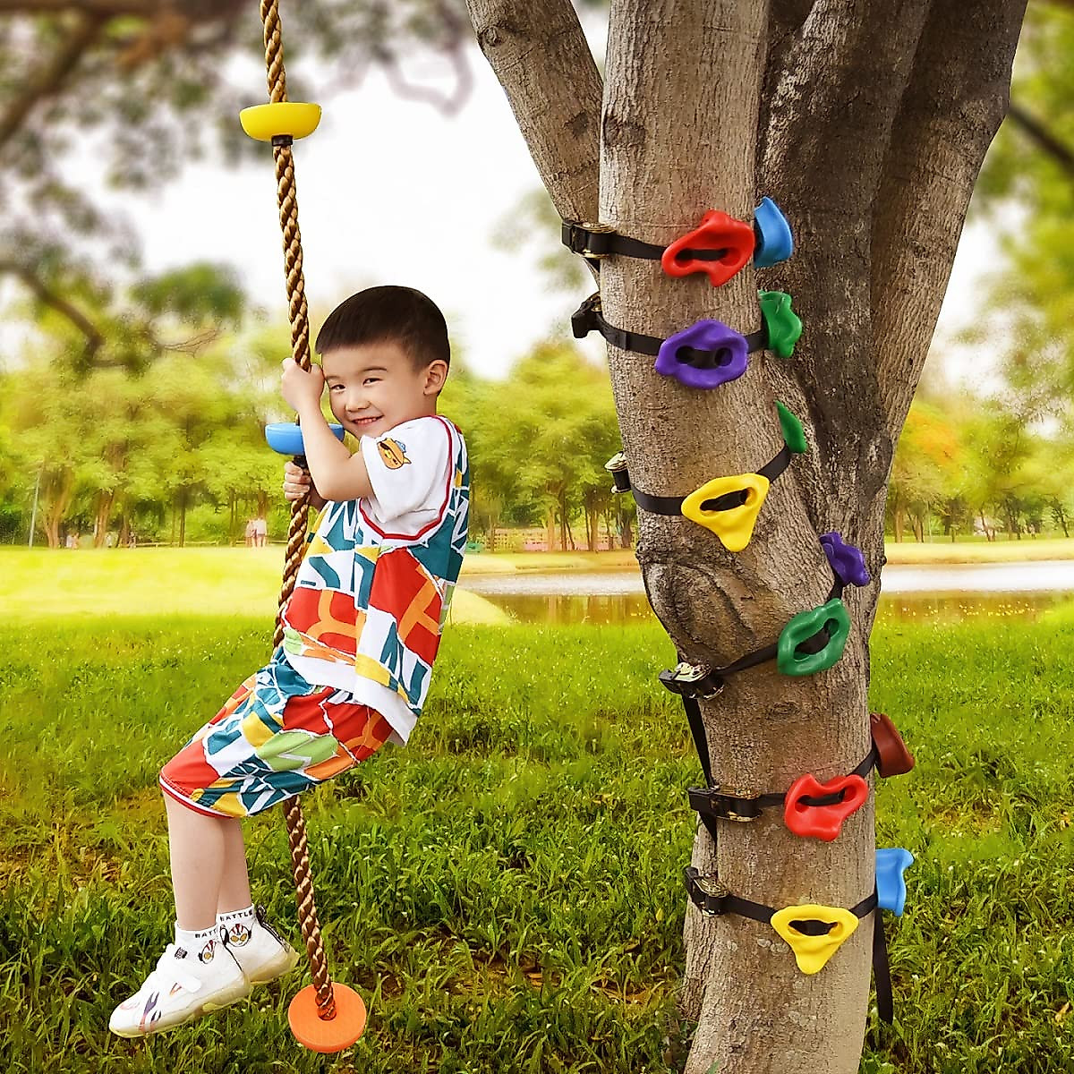 12 Ninja Tree Climbing Holds and 6.56FT Climbing Rope for Kids, Tree Climber Climbing Kit for Outdoor Ninja Warrior Obstacle Course Training