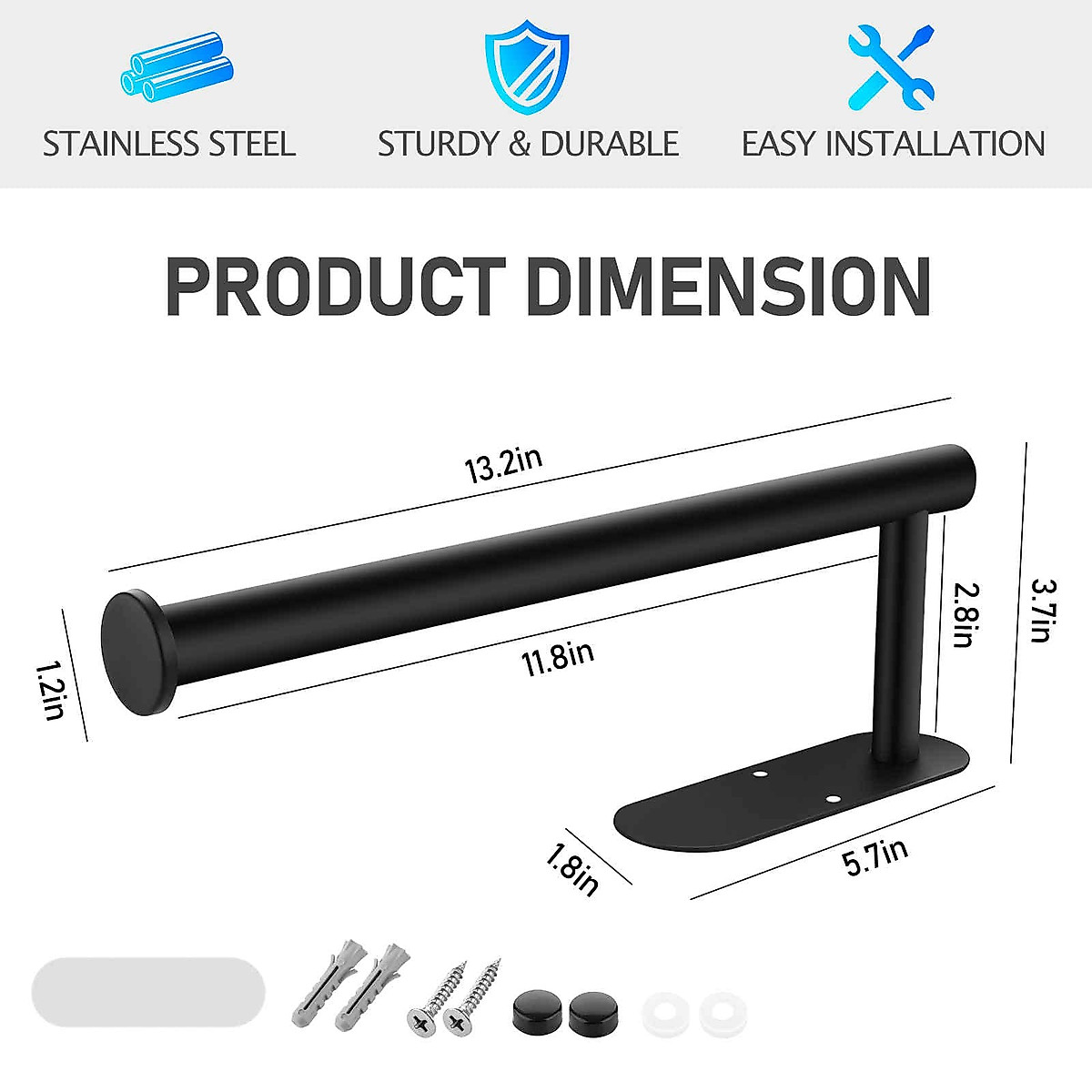 Paper Towel Holder - Under Cabinet Paper Towel Holder, Matte Black Paper Towel Holder Wall Mount for Kitchen, Stainless Steel Towel Roll Holder - Self-Adhesive or Drilling 