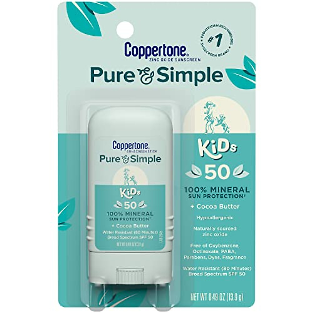 Coppertone Pure and Simple Kids Sunscreen Stick SPF 50, Zinc Oxide Mineral Sunscreen for Kids, Body and Face, 0.49 Oz Stick
