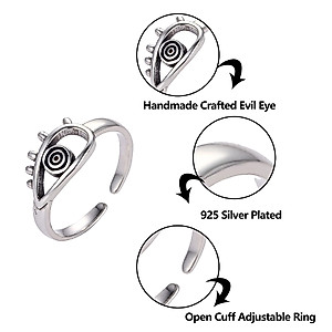 Teepollo Evil Eye Ring-925 Silver Open Cuff Adjustable Evil Eye Statement Love Lucky Protection Rings for Women Jewelry (925 Silver, Evil Eye)