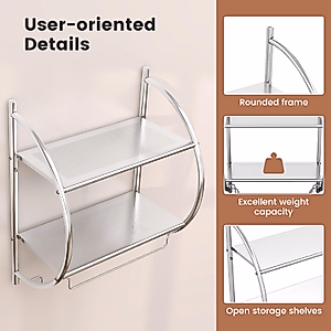 GOFLAME Wall Mounted Bathroom Shelf, 2-Tier Chrome Towel Rack with Leaky Design Shelves, Towel Bars, Chrome Bathroom Shelf for Living Room Kitchen Bathroom (1, Silver)