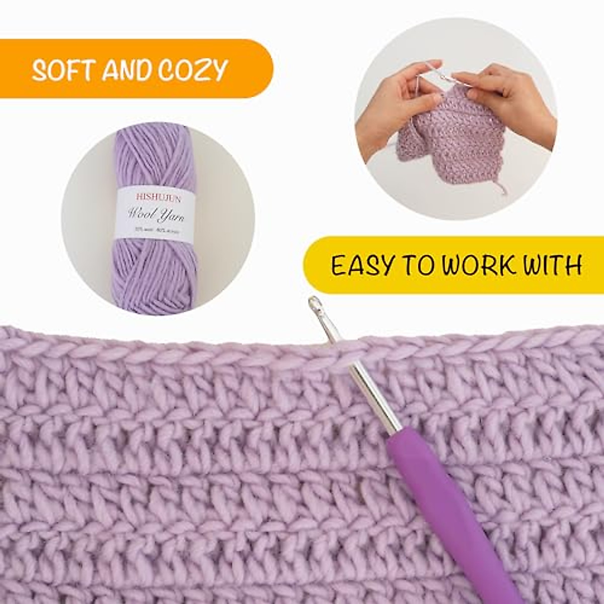 HISHUJUN, 20% Wool 80% Acrylic Wool Yarn, 4 Skeins, Soft Chunky Weight #5 for Crochet and Knitting, Each Skein1.76Oz (50g) / 55 Yrds (50m) (23 - Limestone)