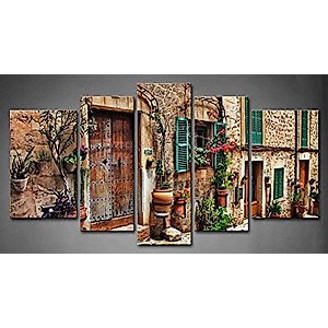5 Panel Wall Art Streets of Italy Tuscany Towns Old Mediterranean Door Windows Flower Painting The Picture Print On Canvas Architecture Pictures for Home Decor Decoration Gift Piece