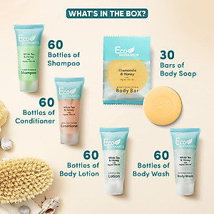 Eco Botanics Hotel Soaps & Toiletries Bulk Set | 0.85oz Hotel Shampoo & Conditioner, Body Wash, Body Lotion & Bar Soap Travel Size | 300 Pieces