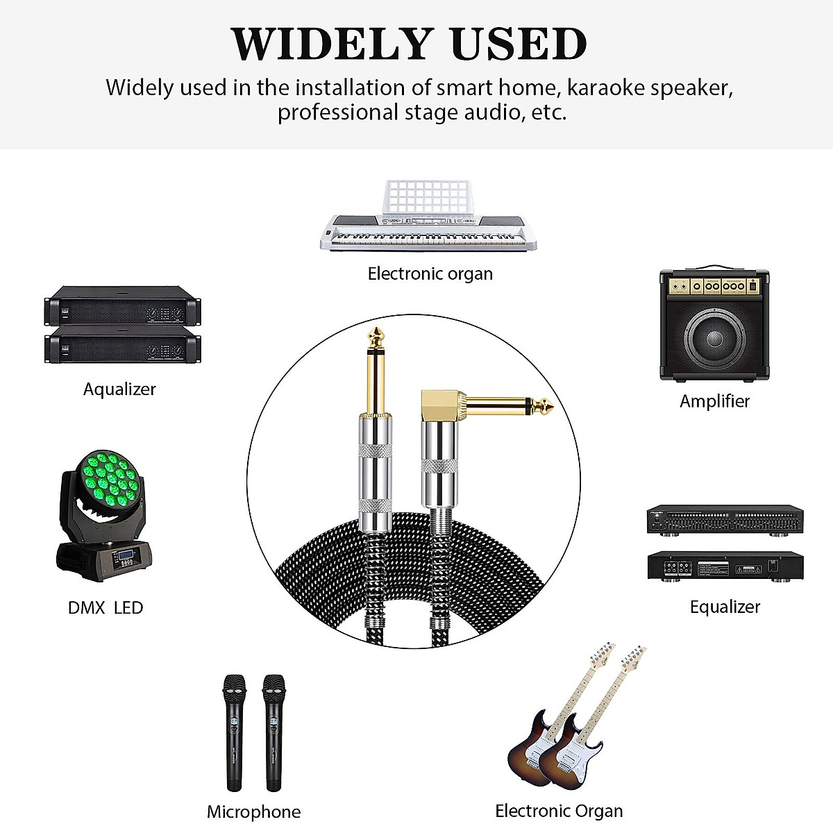 JOLGOO Guitar Cable, 1/4 Inch Cable 10 Ft, Straight to Right Angle 6.35mm Plug Bass Keyboard Instrument Cable, Black and Gray Tweed Cloth Jacket, Electric Mandolin, pro Audio