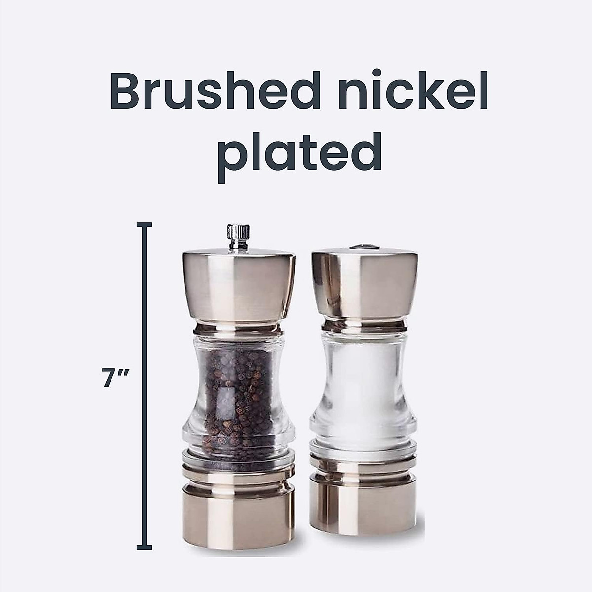 Olde Thompson 7" Brushed Nickel Salt Shaker & Pepper Mill Set, Adjustable Pepper Grinder