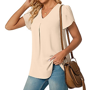 Anyally Women's Summer Spring Dressy Casual Chiffon Blouses Short Sleeve Tunic Tops for Leggings T-Shirts, XL Khaki