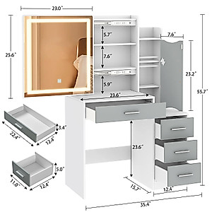 usikey Makeup Vanity Desk, Makeup Vanity Table with Sliding LED Lighted Mirror, Vanity Table with 4 Drawers & Cabinet, 3 Lighting Modes & Brightness Adjustable, Bedroom Dressing Table, White and Grey