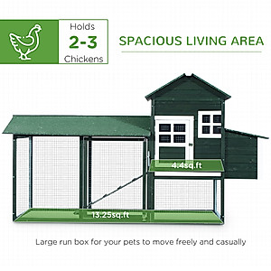 PawHut 84" Wooden Chicken Coop, Hen House Outdoor with Run Nesting Box, Asphalt Roof, Removable Tray, Ramp, Poultry Cage for 2-3 Chickens, Green