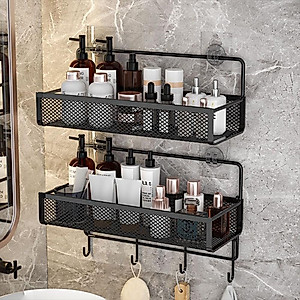 2 Pack Shower Caddy Shelf Organizer Rack, Bathroom Shelves Basket, Adhesive Black Bathroom Accessories, Save Space with Hooks, Toiletries Organization And No Drilling Shower Shelves (White)